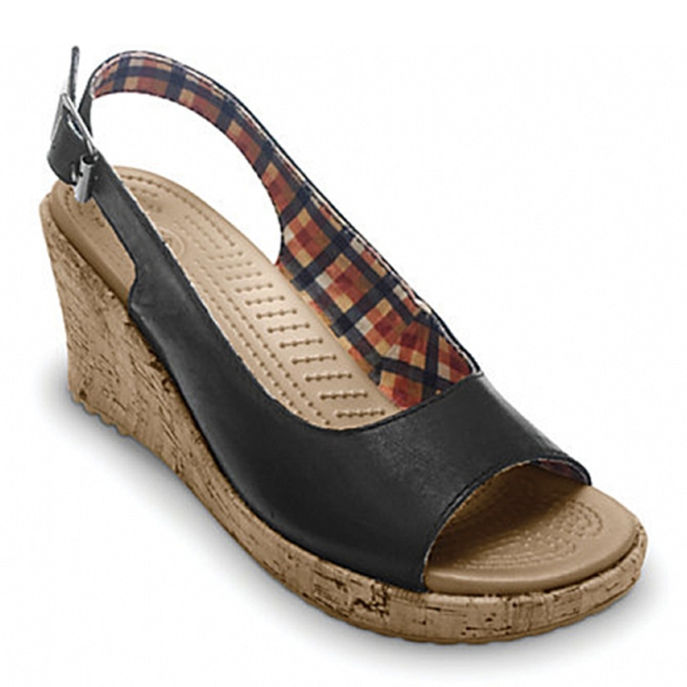 Crocs Black Leather A- Leigh Slingback Wedge Sandals - Gem